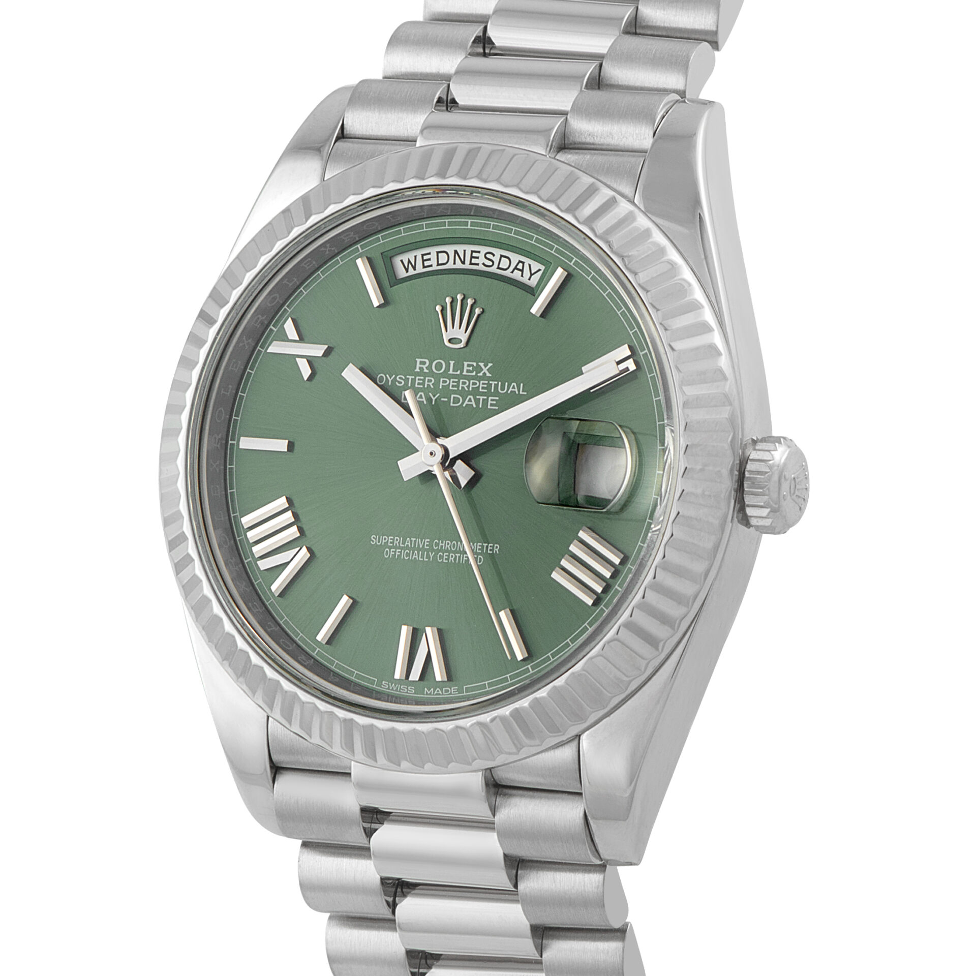 Rolex Day-Date 40 Olive Green Roman Dial White Gold President Watch ...